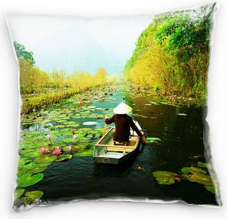 Paul Sinus Art Herbst, grün, gelb, Fluss, Boot, Vietnam Deko Kissen 40x40cm für Couch Sofa Lounge Zierkissen - Dekoration zum Wohlfühlen