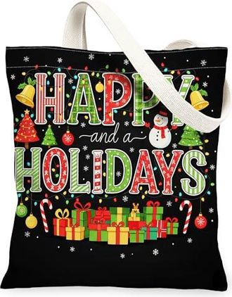Generic Sacs fourre-tout festifs en toile, cadeaux joyeux, sacs d&eacute;picerie r&eacute;utilisables, sacs dhiver ludiques, l&eacute;gers et lavables, noir, 13x15 Inch