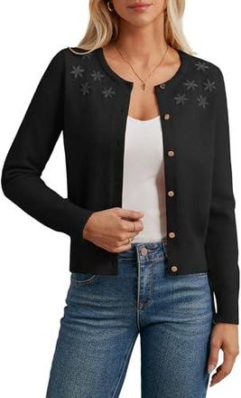 Grace Karin Cardigan d&eacute;t&eacute; pour femme avec broderies d&eacute;cor&eacute;es boutonn&eacute;es col rond manches longues tricot pull, Noir, XL