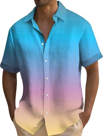 Generic Hemd Herren Kurzarm Henley Shirt Langarm Weisses Männer Gradient Button Down Hemden Freizeithemd Lässige Lose Fit Beach Shirts Strandbluse