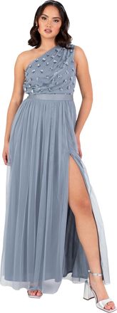 Maya Damen Womens Maxi Ladies One Shoulder Sleeveless Floral Sequin Embellished Sash Tie Belt Tulle A-line Split Bridesmaid Dress, Dusty Blue, 36 EU