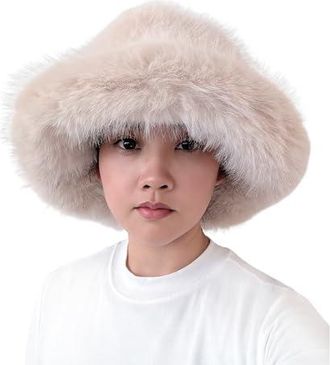 Lina & Lily Grand Chapeau Bob Hiver Femme à Larges Bords en Fausse Fourrure Poils Longs (Beige)