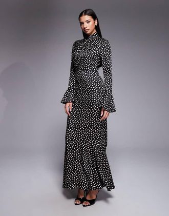 Daska Robe longue en satin &agrave; manches &eacute;vas&eacute;es et noeud - Noir &agrave; pois-Multicolore