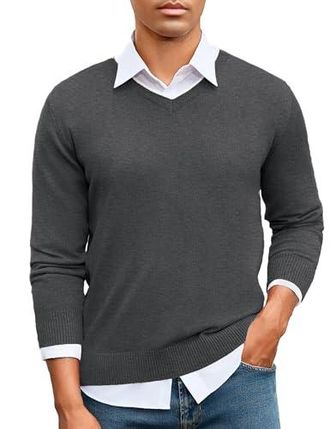 iClosam Pull Col V Homme Pull Homme &agrave; Manches Longues Tricot&eacute; Pullover Coton de Travail Gris fonc&eacute; 3XL