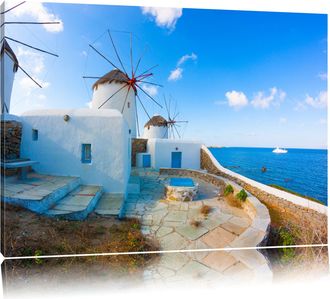 Pixxprint Kleine Windmühlen im Mittelmeer, Größe: 120x80cm, Leinwandbild, fertig gespannt, Wandbild, Dekoration, Kunstdruck, kein Poster