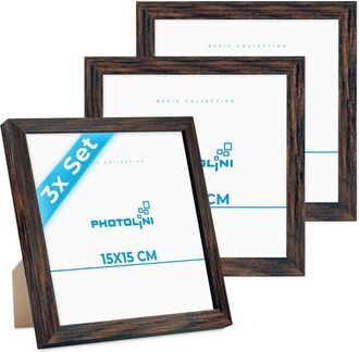 Photolini Bilderrahmen 15x15 Eiche Dunkel aus MDF-Holz, 3er Set Poster-Rahmen, bruchsicheres Acrylglas, zum Aufhängen & Aufstellen, extra Zubehör - für Fotos & 