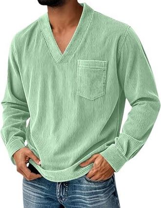 Generic T-shirts &agrave; manches longues en velours c&ocirc;tel&eacute; pour homme - Couleur unie - Haut d&eacute;t&eacute; tendance - Col en V - Coupe ample - Confortable - Respirant - V&ecirc;tem