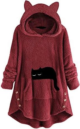 Generic Sweat &agrave; capuche en polaire avec poche et oreilles de chat pour femme - Imprim&eacute; mignon - Manches longues, Rouge, XXL