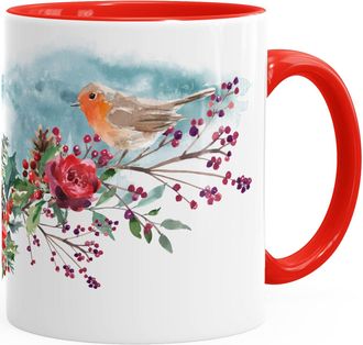 Autiga Kaffee-Tasse Vogel Rotkehlchen Blumen Misteln Watercolor Bird Weihnachten Christmas rot unisize