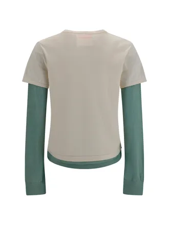 Guest In Residence Womens Layered Sweater Cream-Sage Brush Outer: Cotton Cream/sage