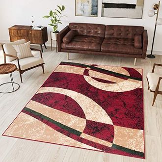 Tapiso Dream Tapis de Salon Chambre Salle &agrave; Manger Adulte Bureau Design Moderne Rouge Beige Abstrait Motif Cercles Vagues Poil Court Fin Doux L&eacute;ger R&eacute;sistant