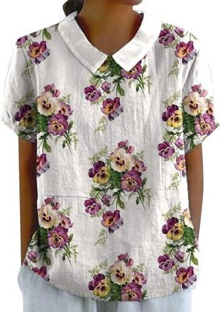Generic Chemise Femme Chic et élégant Chemisiers et Blouses Femme dété Revers Col Rond à Manche Courte Tops Fleurie Respirant T-Shirt Grande Taille Pas Cher D