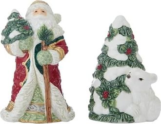 Fitz and Floyd Woodland Holiday Keramikfigur Weihnachtsmann und Weihnachtsbaum, Arbeitsplatte, Salz- und Pfefferstreuer, 12,7 cm und 10,2 cm