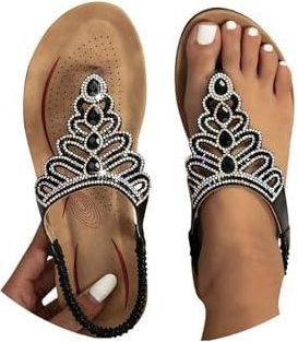 Generic Sandales plates d&eacute;t&eacute; d&eacute;contract&eacute;es et l&eacute;g&egrave;res &agrave; enfiler en similicuir avec barre en T et strass pour femme, Noir F, 35.5 EU