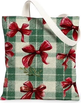Generic Sacs fourre-tout en toile avec motif noeud de No&euml;l, sacs d&eacute;picerie r&eacute;utilisables pour les vacances, les courses, l&eacute;gers et lavables avec bandouli&egrave;re, 
