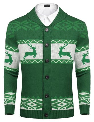 Coofandy Herren Weihnacht Strickjacke Cardigan Winter V-Ausschnitt Pullover Lustig H&auml;sslich Weihnachtspullover Gr&uuml;n XL