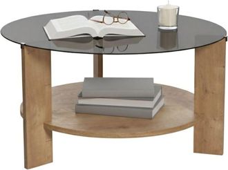 Dmora Couchtisch Canevino, Rundform, Glastischplatte, Eichenholzstruktur, 75x75x40h cm Eichenbraun