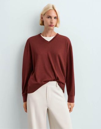 Oysho pull en maille col V 100 % laine marron