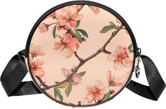 Generic Sac &agrave; bandouli&egrave;re rond pour femme, imprim&eacute; fleurs de p&ecirc;che, petit sac &agrave; bandouli&egrave;re avec fermeture &eacute;clair, bretelles r&eacute;glables, sac &agrave; main rond d&eacute;cont