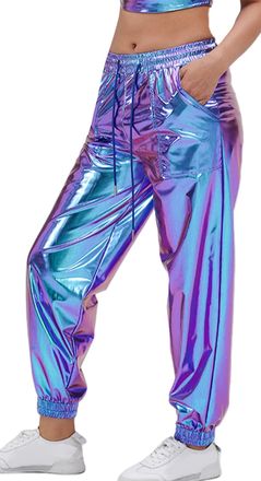 Feoya Gl&auml;nzende Metallic Jogger Hose Damen 80er 90er Jahre Glitzer Jogginghose Holografische Hip Hop Club Streethose A2 XXL
