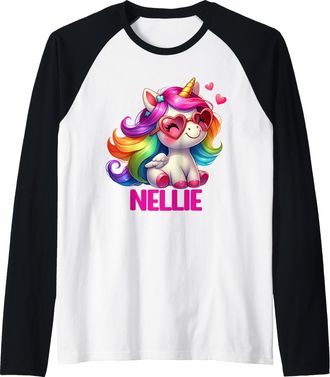 BDAZ Nellie Personalisierter Name Buntes Einhorn Damen M&auml;dchen Raglan