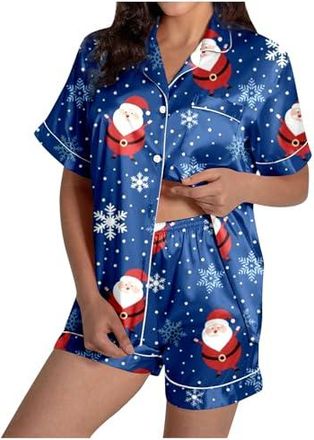 Generic Pyjama de Noël pour femme 2 pièces en satin de soie graphique mignon vêtements de nuit décontractés fantaisie graphique drôle grande taille boutonné m