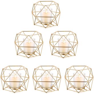 Nuptio Geometrische Kerzenhalter Gold Teelichthalter - 6er Kerzenständer Hochzeit Tischdeko Teelichter Metall Glas Stumpenkerzen Halter Goldene Windlicht Mod