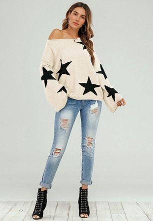 FS Collection Strickpullover Oversize Pullover mit weiten &Auml;rmeln und Stern - Strickwaren (Einheitsgr&ouml;&szlig;e: UK 8-12 / EU 36-40, 5 Farben : Grau, Schwarz, Creme, Rot, D