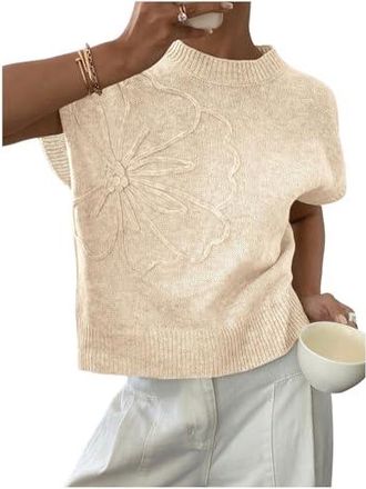 Generic Pull &agrave; manches courtes pour femme - Pull floral - D&eacute;bardeurs en tricot - Coupe ample - Col rond - V&ecirc;tements tendance, abricot, XL