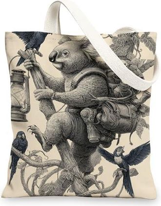 Generic Sacs fourre-tout en toile motif animal koala et oiseau, sacs dépicerie réutilisables, nature vintage, léger, lavable, bandoulière C, beige, 13x15 Inch