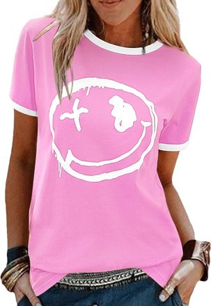 Heekpek Lonya Tshirt Damen Sommer Kurzarm Rundhals T-Shirt Top L&auml;ssig L&auml;chelgesicht Gedruckt Oberteile Bluse Tee Shirts Rosa,XXL