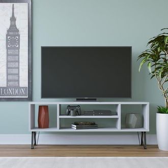 Hanah Home Stylish White TV Stand, 120 cm x 25 cm x 46.6 cm | 100% Melamine Coated Particle Board, 18 mm Thick | Wall-Mountable with Multiple Shelves, Modern Des