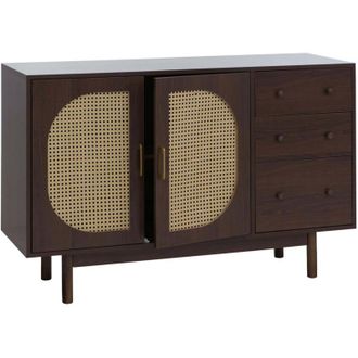 Hhg Buffet HHG-909, armoire, commode, buffet haut, tiroirs, compartiments de rangement, polyrotin, MDF m&eacute;lamin&eacute;, 80 x 120 x 40 cm, aspect noyer