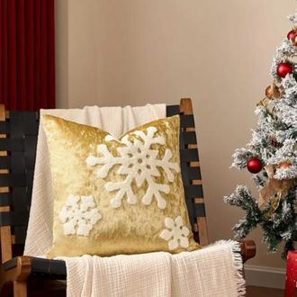 Generic Housse de coussin brod&eacute;e dor&eacute;e en velours flocon de neige de No&euml;l 45,7 x 45,7 cm, &eacute;l&eacute;gante taie doreiller pour canap&eacute;, lit et salon, d&eacute;coration dint&eacute;r