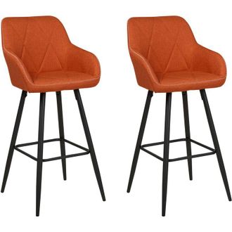Beliani Lot 2 Chaises de Bar Modernes Assise Rembourr&eacute;e en Tissu Orange avec Accoudoirs et Pieds en M&eacute;tal Noirs Darien