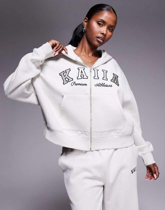 KAIIA Sport - Kapuzenjacke in Hellgrau mit hohem Baumwollanteil und Logo-Stickerei, Kombiteil