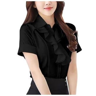 Generic Chemisiers d&eacute;t&eacute; &agrave; manches courtes en mousseline de soie pour femme Temp&eacute;rament cor&eacute;en, grande taille, Noir, M