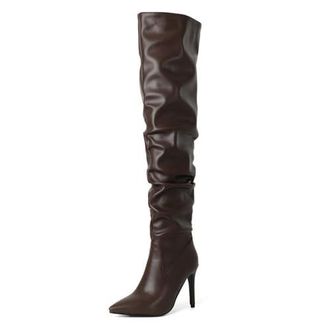 Generic Bottes mi-hautes fronc&eacute;es et souples pour femme - Bout pointu - Escarpins habill&eacute;s - Veau large - &Agrave; enfiler au-dessus du genou, marron, 39.5 EU