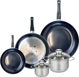 Fackelmann ELO 9747150 Batterie de cuisine 5 pièces, Ensemble de 3 Poêles de cuisson 20, 28 et 32 cm et 2 faitouts 12 et 16 cm Elo Prima Brillant, inox, inductio