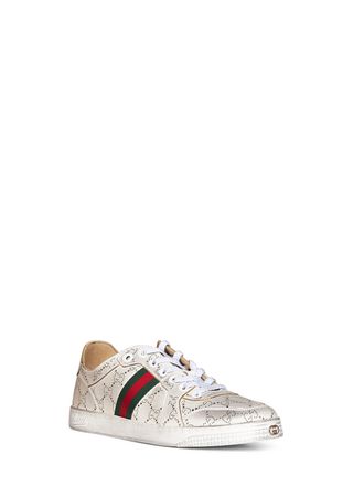 Gucci Mens Low-Top Laser-Cut Leather Sneakers Beige Calfskin Trainers