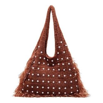 Generic Sac de plage en tricot boh&egrave;me avec perles dimitation pour femme - Sac &agrave; main au crochet sous les bras pour le voyage et le travail, marron clair, 350*