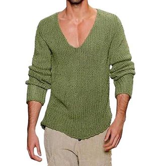 Generic Pull doux en tricot de laine &agrave; col en V pour homme, Vert, XXL