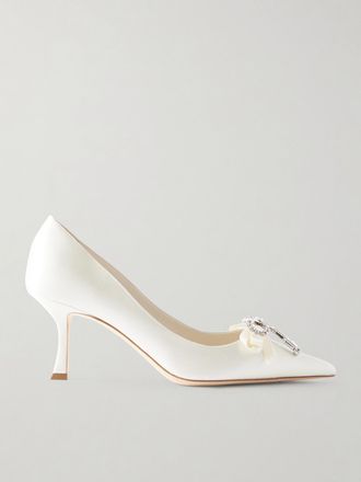 Jimmy Choo London Escarpins En Satin &Agrave; Noeuds Et &Agrave; Cristaux Auria 70 - Blanc