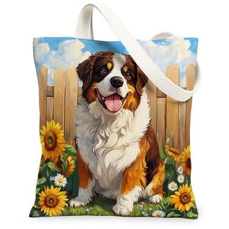 Generic Sac fourre-tout en toile motif chien du printemps Saint-Bernard pour faire du shopping, 33 x 38,1 cm, sac d&eacute;picerie r&eacute;utilisable pour femme, ferme, an