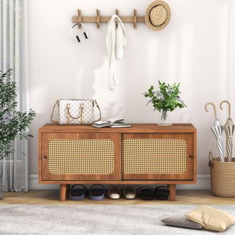 Generic Schuhschrank 104 cm mit Rattan T&uuml;ren verstellbare B&ouml;den Walnuss Optik Shoe Cabinet mit L&uuml;ftung f&uuml;r Flur Eingang als Schuhkipper Garderobenschrank Boho