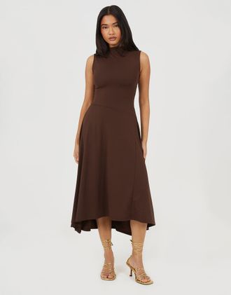 Brave Soul Robe longue en jersey &agrave; col montant et ourlet asym&eacute;trique - Chocolat-Marron