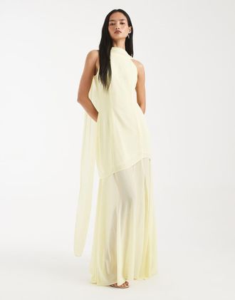 Tfnc Robe longue pour demoiselle dhonneur en mousseline avec cape et jupe transparentes - Beurre citron-Jaune