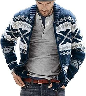 Missmao Homme Veste Cardigan Tricotée en Jacquard Manche Longue Veste en Tricoté Zippé Pulls col Châle Pullover Gilet Veste en Maille Cardigan Manteau,Blau,L
