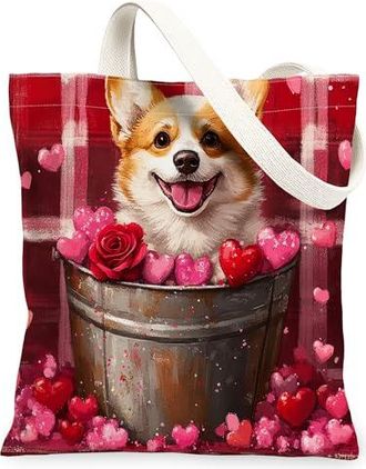 Generic Corgi Sac fourre-tout en toile pour faire du shopping 33 x 38,1 cm, sac &agrave; bandouli&egrave;re r&eacute;utilisable pour femme, peinture danimaux domestiques, d&eacute;corati