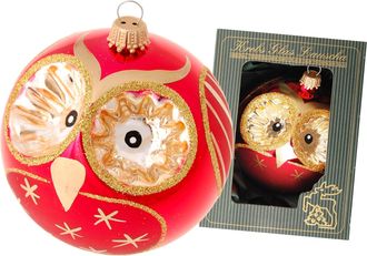 Krebs Glas Lauscha Weihnachtsdekoration/Christbaumschmuck aus Glas - Weihnachtsbaumanh&auml;nger Eule - Motiv: Eulenkugel Rot/Gold - Gr&ouml;&szlig;e: ca. 8 cm - Made in Germany